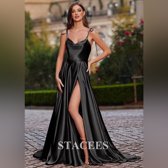 Dresses | Brand New Black Satin Prom Dress From Stacees | Poshmark
